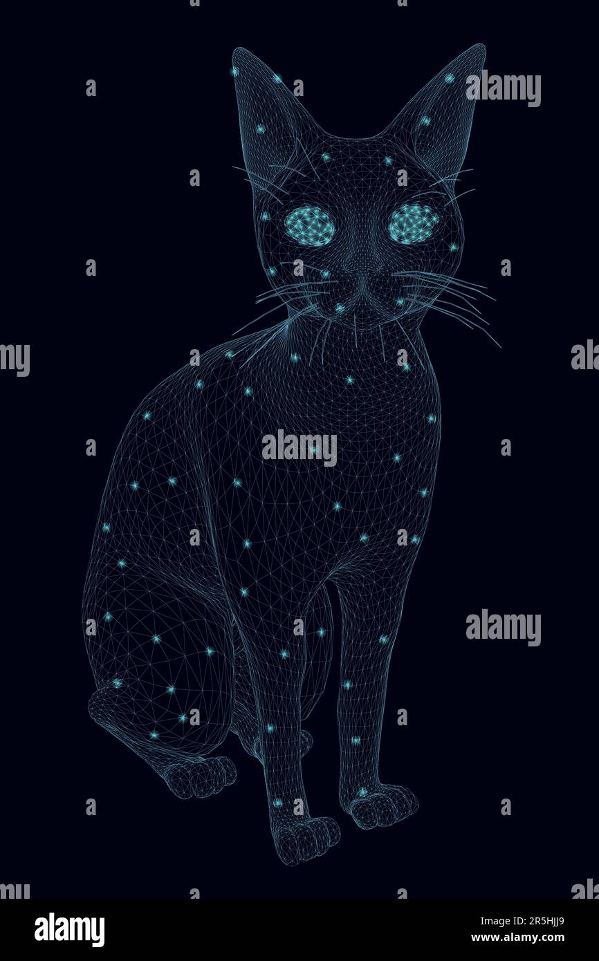 Wireframe of a polygonal cat with glowing lights from blue lines ...