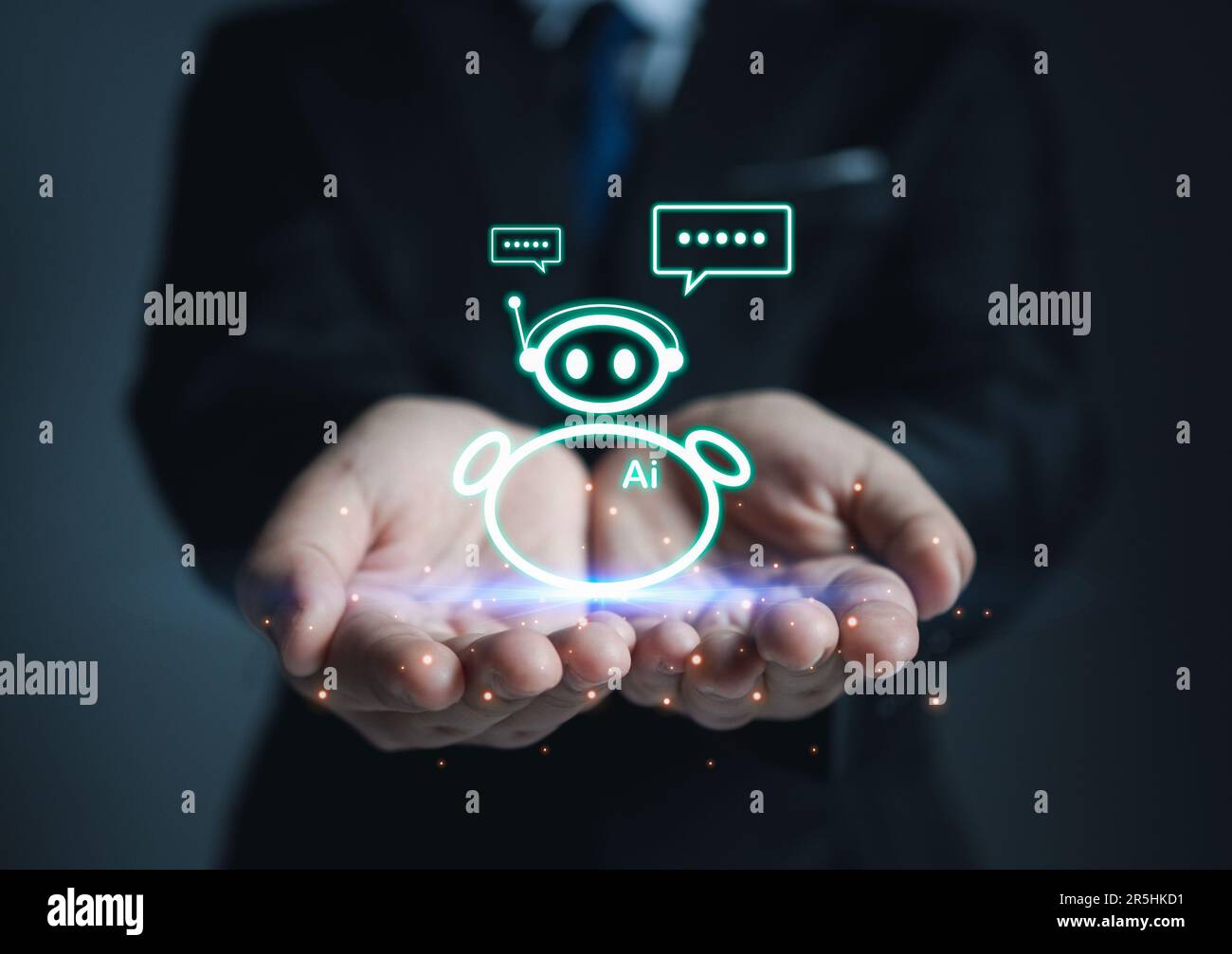 Businessman hand holding an AI model. Show chat with ai system. Concept ...