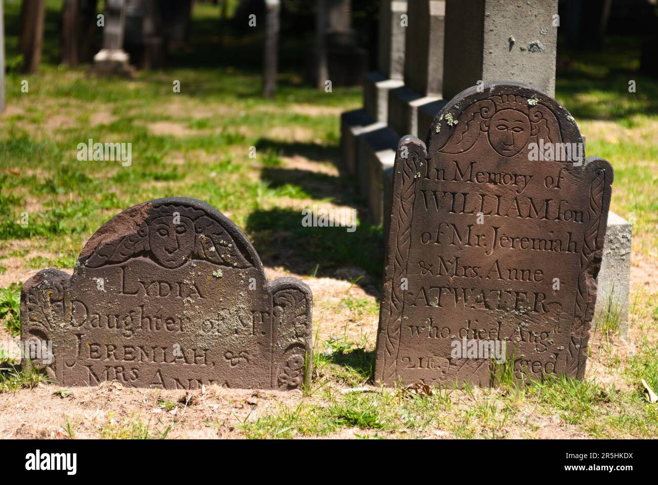 Photo of a very old, vintage, antique tombstone (headstone) at the historic Grove Street ...
