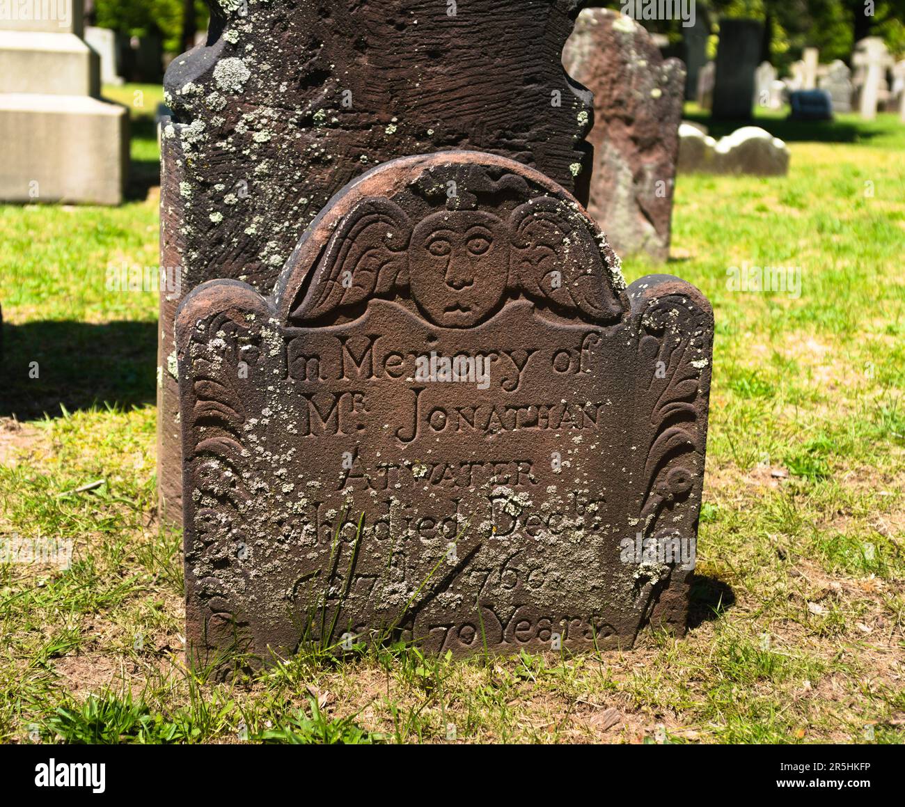 Photo of a very old, vintage, antique tombstone (headstone) at the historic Grove Street ...