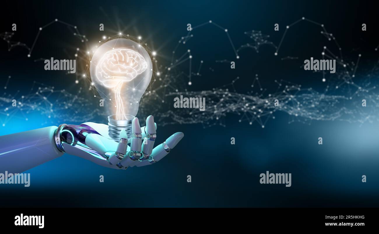 Ai Robot hand holding Light bulbs with Brain inside and Low poly wireframe outside. Creative and ...