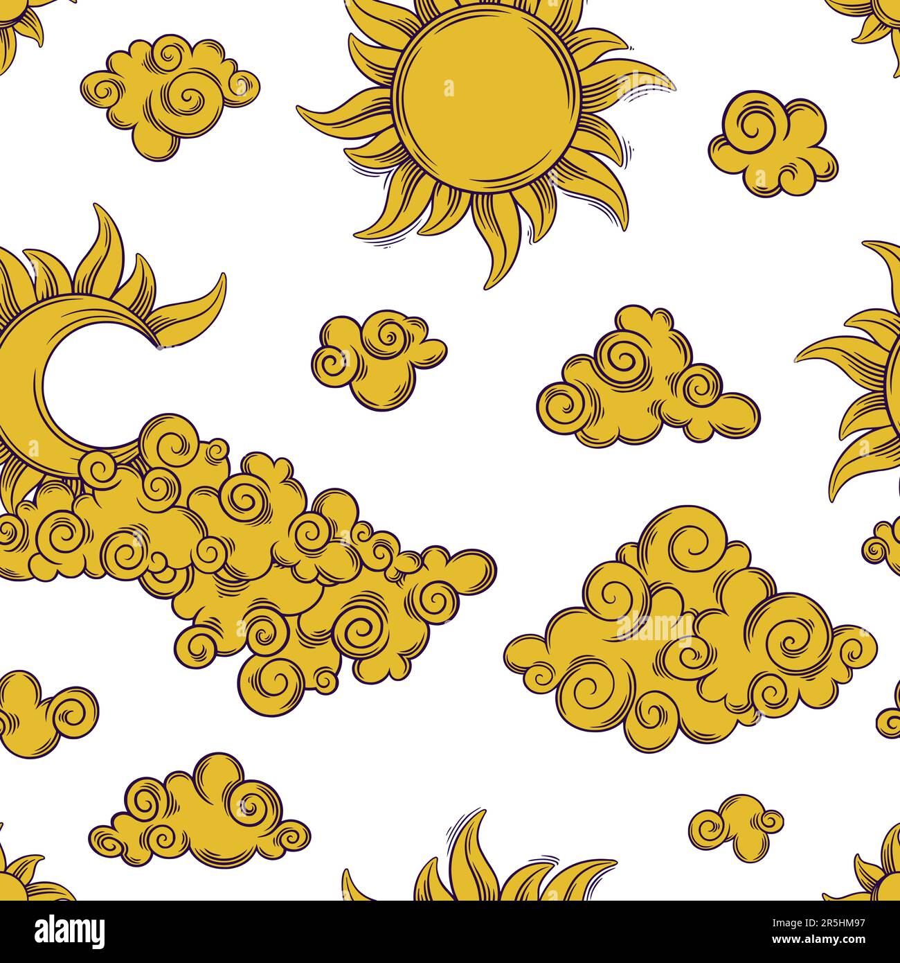 Tarot seamless pattern with sun, clouds and stars. Tarot aesthetic tile ...