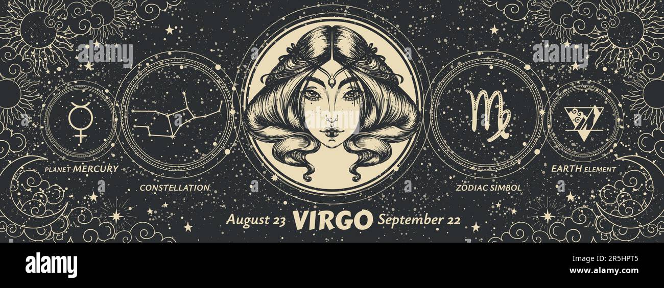 Virgo zodiac sign, mystical modern astrology banner on night landscape ...