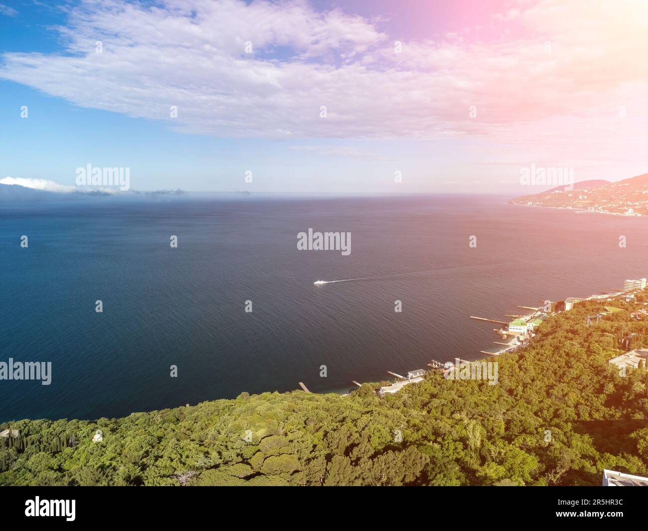 Aerial sea clouds. Panoramic view of seascape with crystal clear azure ...