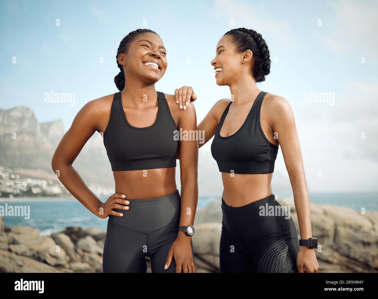 Fitness friends laugh at beach, women workout together with happiness ...