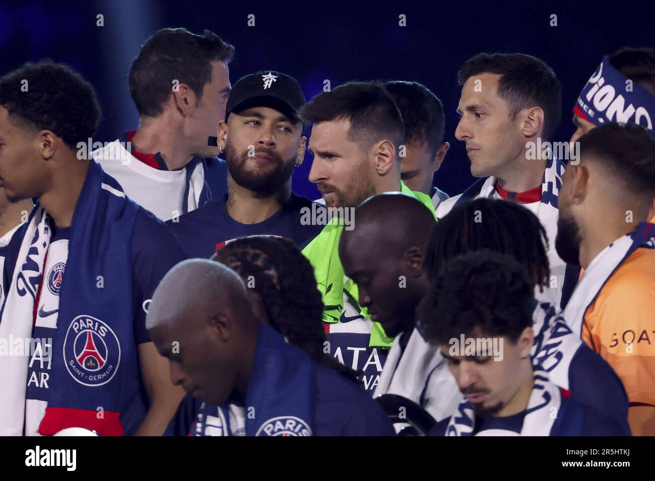 Neymar Jr, Lionel Messi of PSG during the Ligue 1 trophy ceremony ...