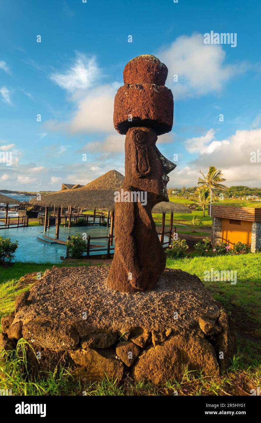 Moai Stone Statue with Red Hat Close Up Vertical Portrait. Famous Tahai ...