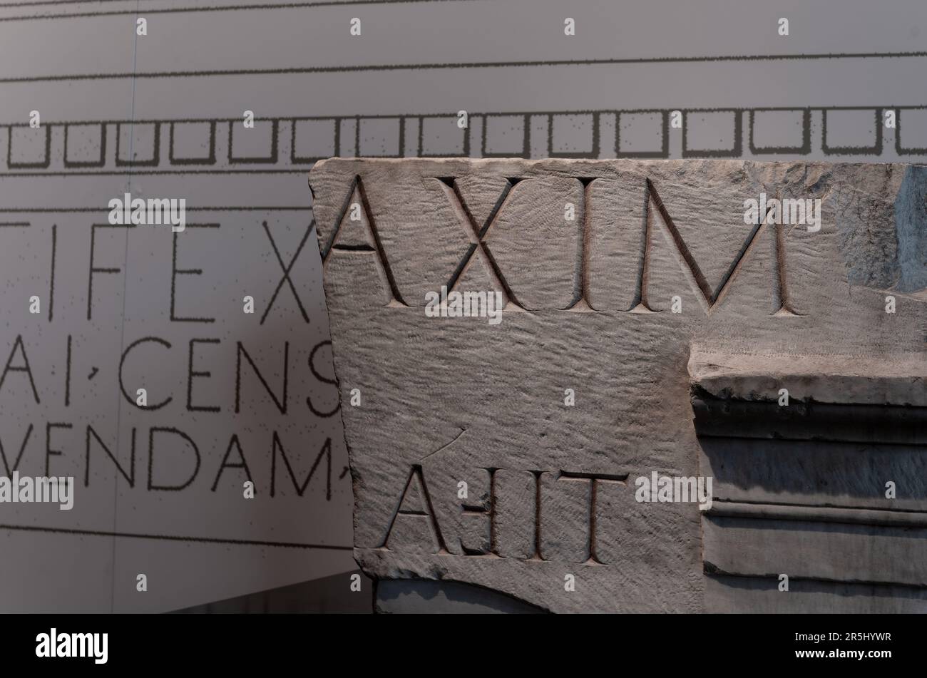 Rome Italy - April 16 2011; Part of wall with Old Roman text engraved ...
