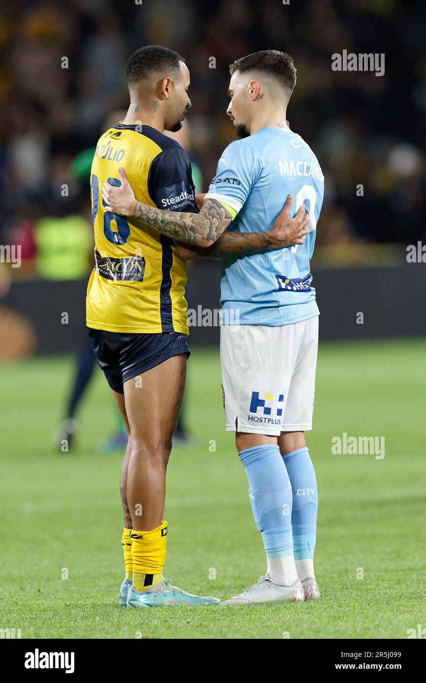 Sydney, Australia. 03rd June, 2023. Marco Tulio of Central Coast Mariners thanks Jamie Maclaren ...
