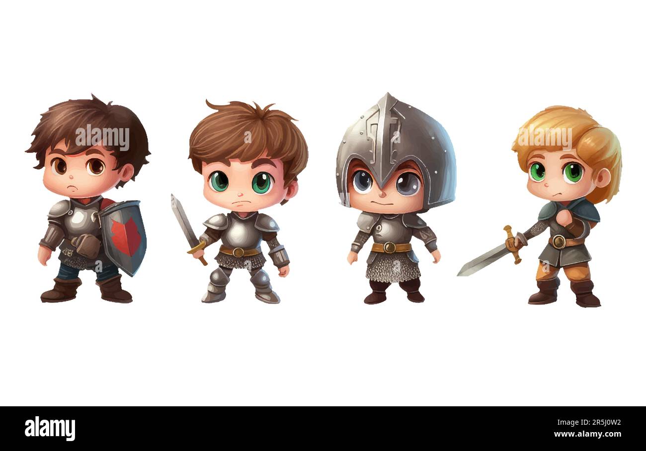 ui set vector illustration of cute kids playing in knight costume ...