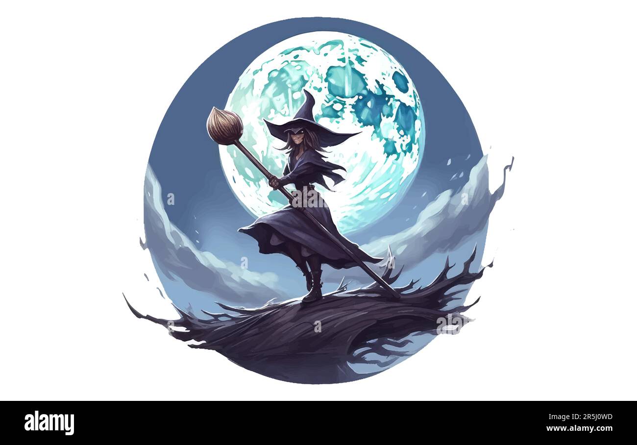 Flying spooky illustration with a witch on a broomstick and a full moon ...