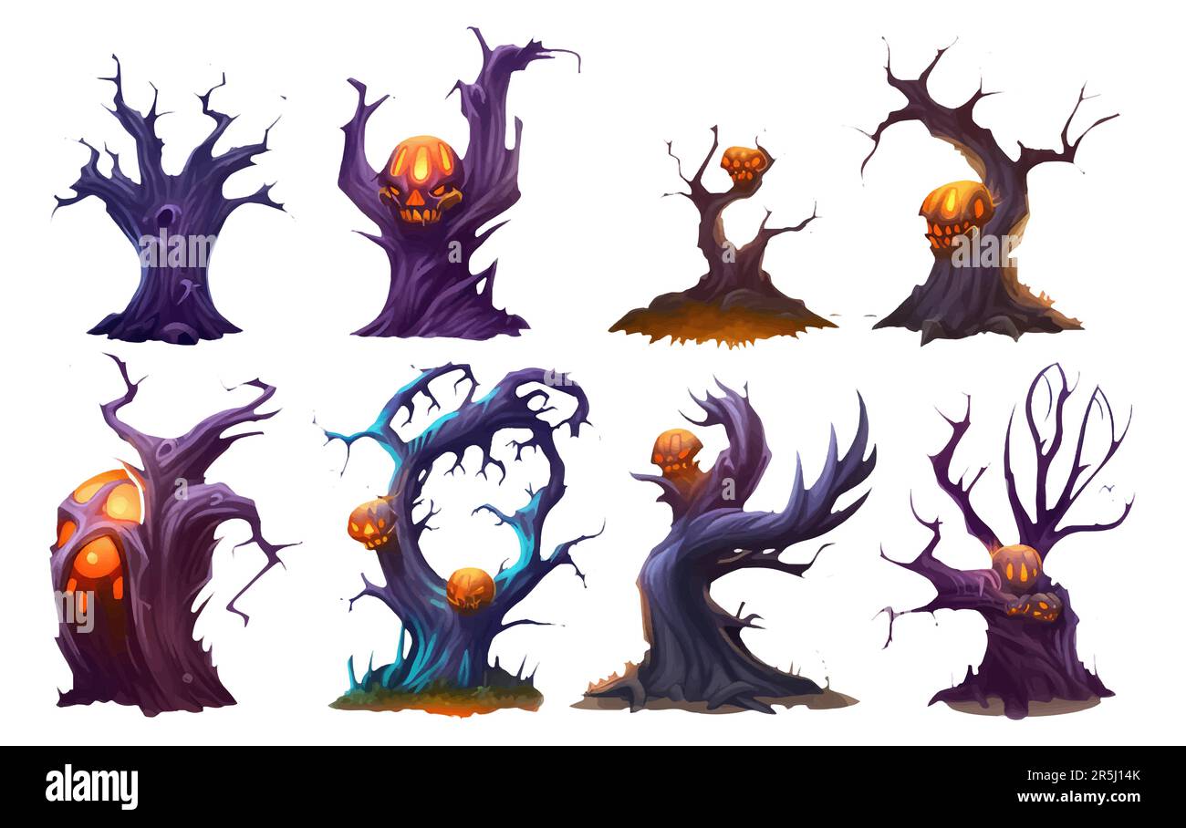 set vector illustration of magic tree halloween concept isolated on ...