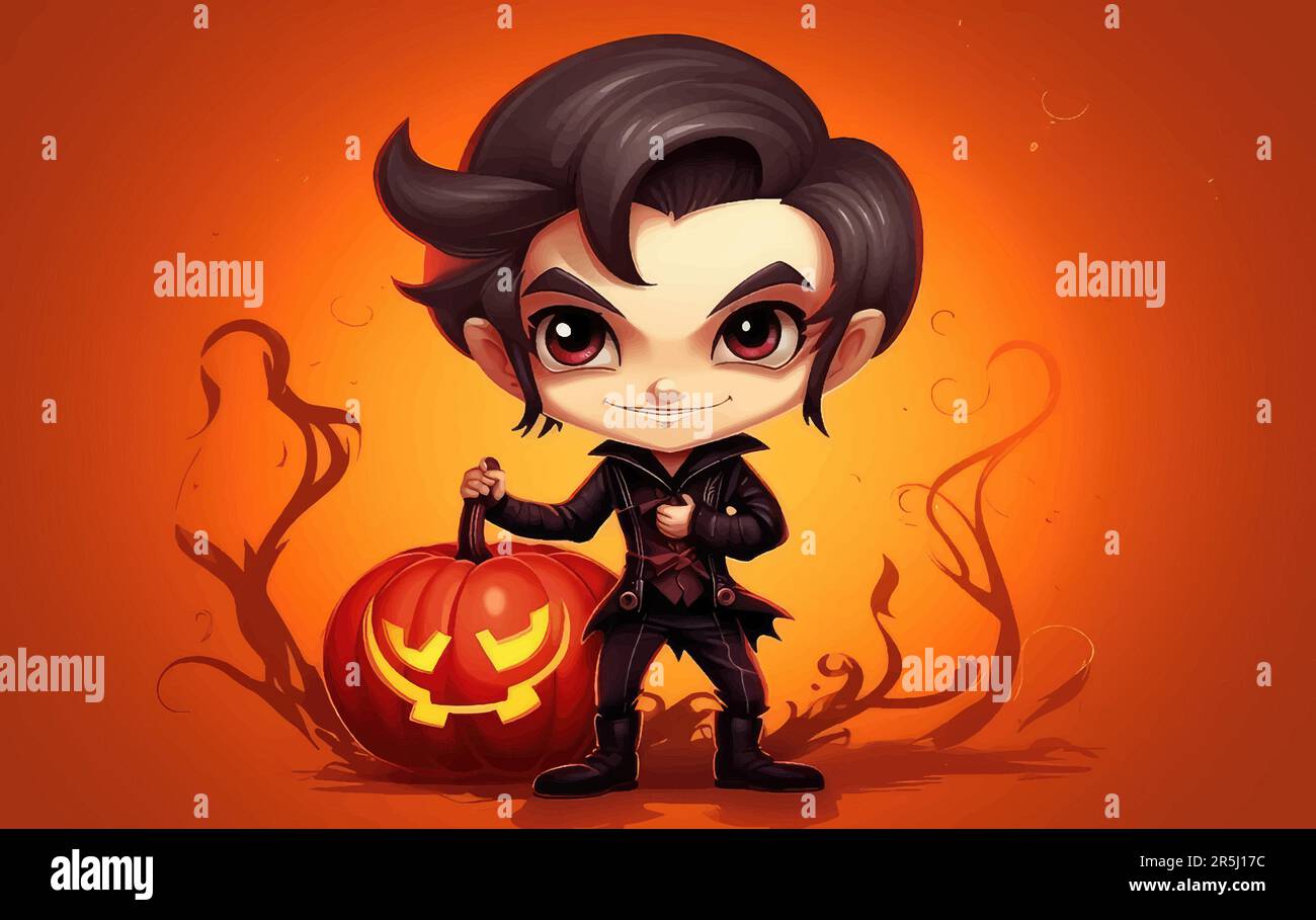 Happy Halloween. Vector cute illustration of vampire with pumpkin on ...
