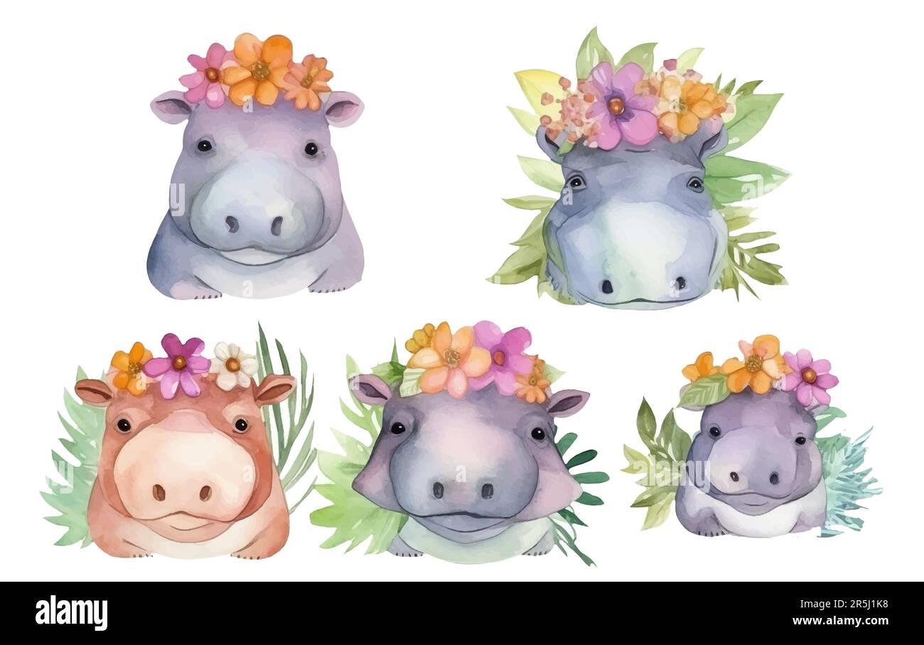 watercolor set illustration of cute hippopotamus isolated on white ...