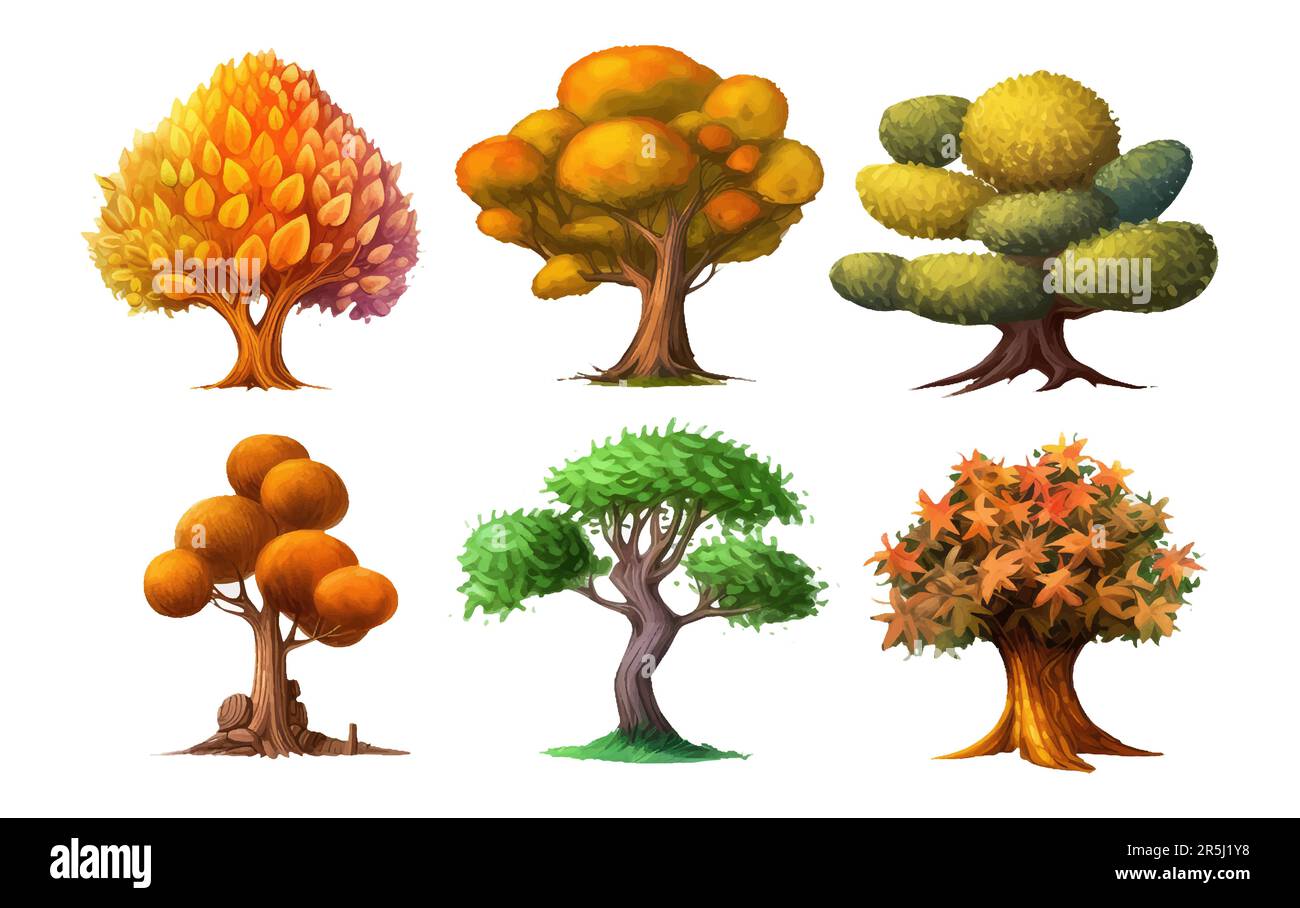 set vector illustration of colorful autumn tree isolated on white ...
