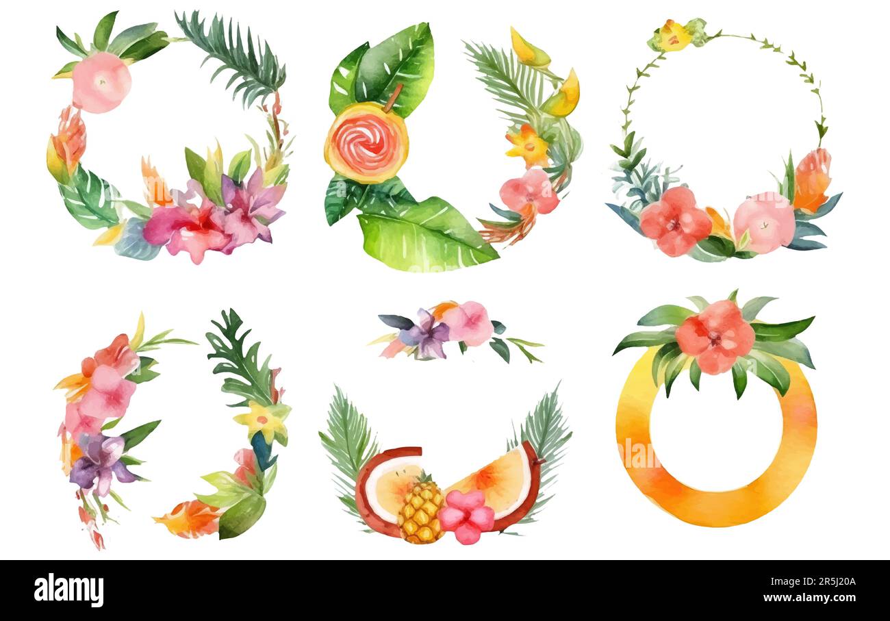 watercolor set vector illustration of tropical border flowers isolated ...