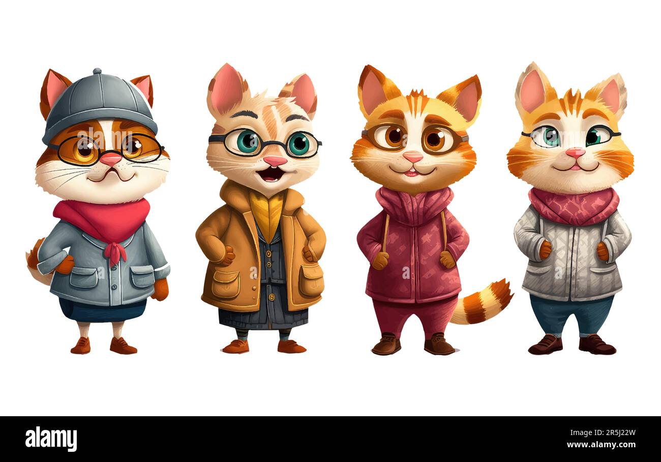 set vector illustration of cute cat wear casual autumn outfit elements ...
