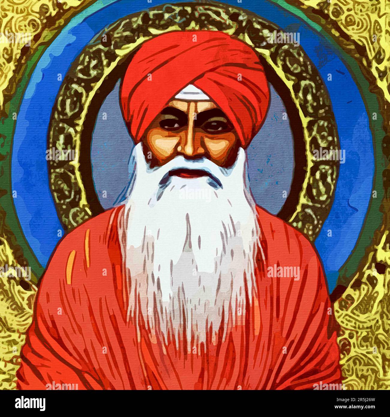 Watercolor painting on canvas. Guru Nanak, Indian religious reformer ...