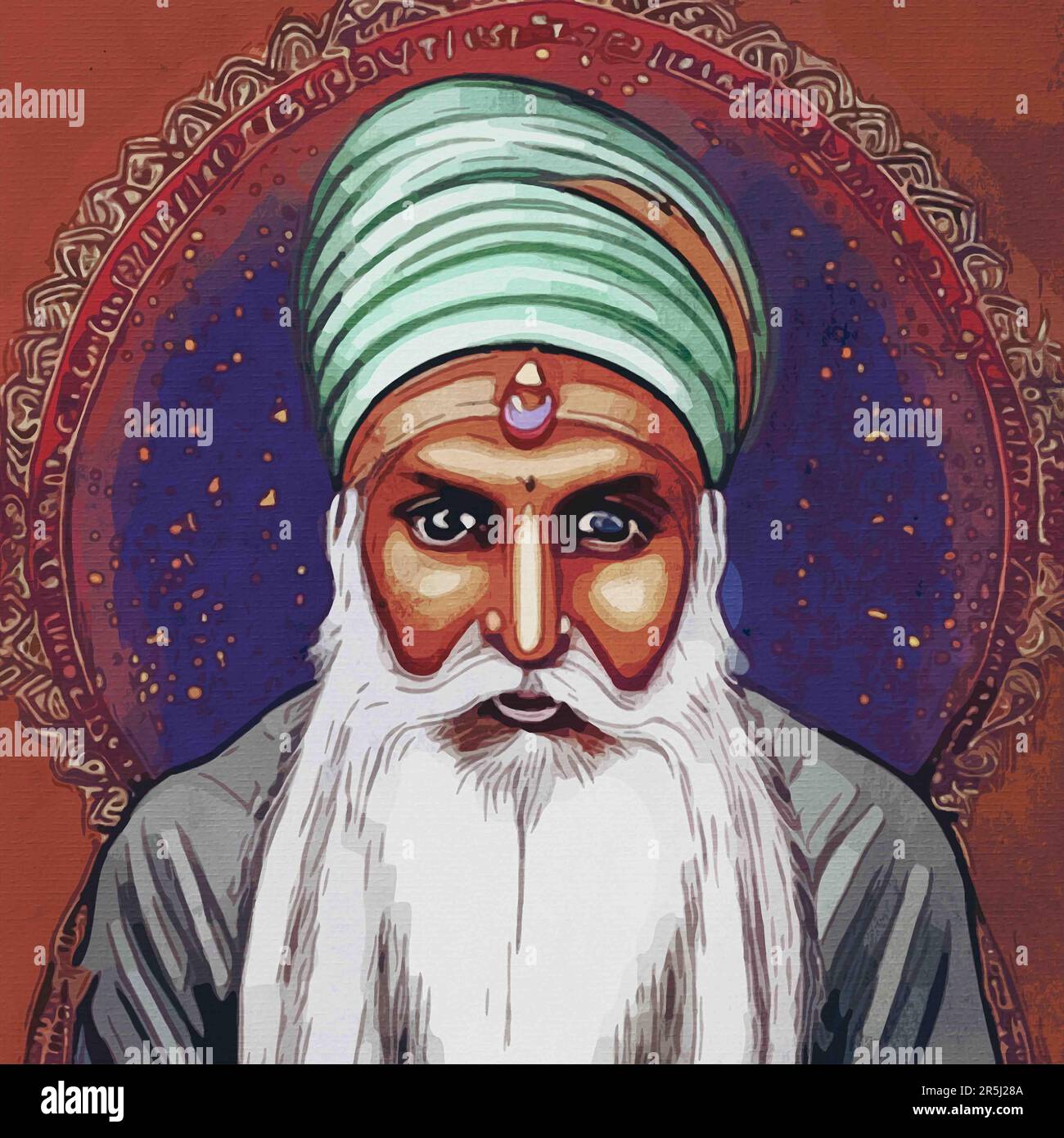 Watercolor painting on canvas. Guru Nanak, Indian religious reformer ...