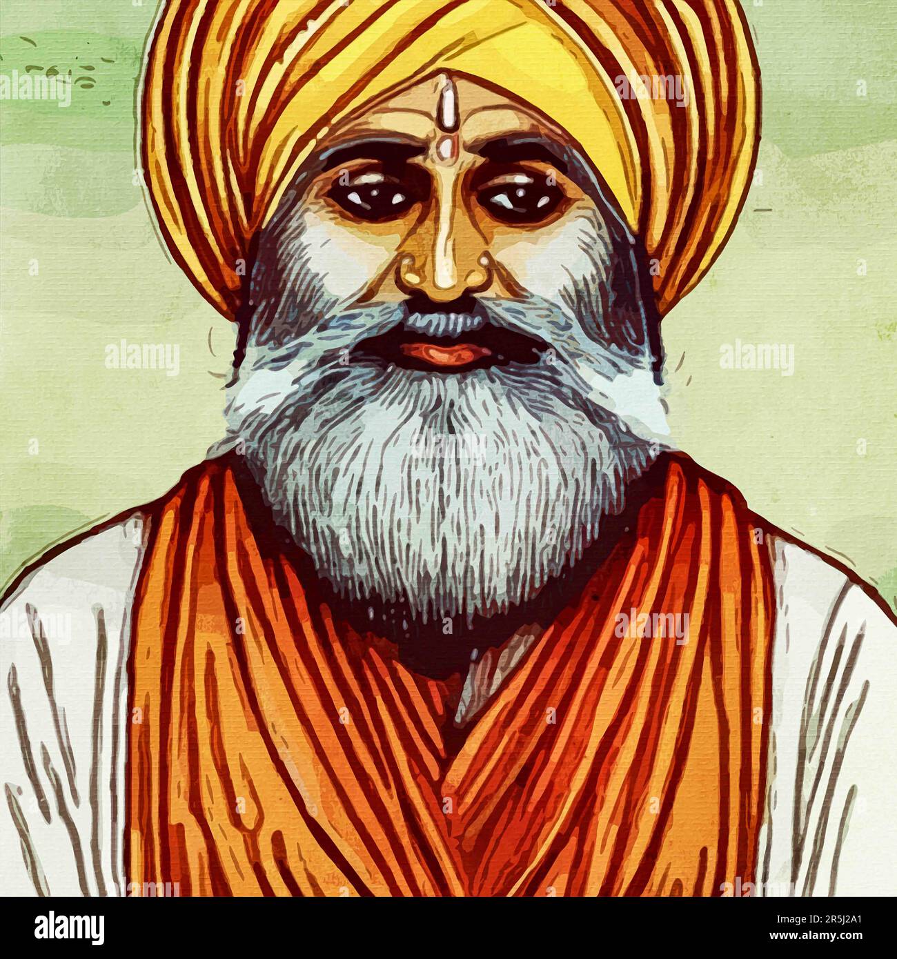 Watercolor painting on canvas. Guru Nanak, Indian religious reformer ...