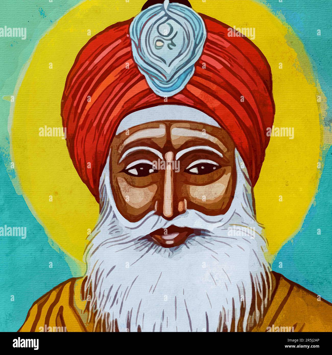 Watercolor painting on canvas. Guru Nanak, Indian religious reformer ...