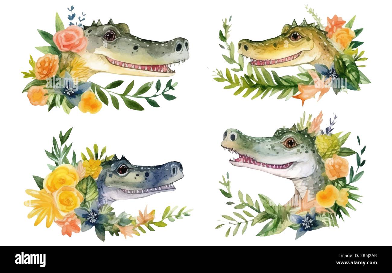 watercolor set illustration of cute crocodile isolated on white ...