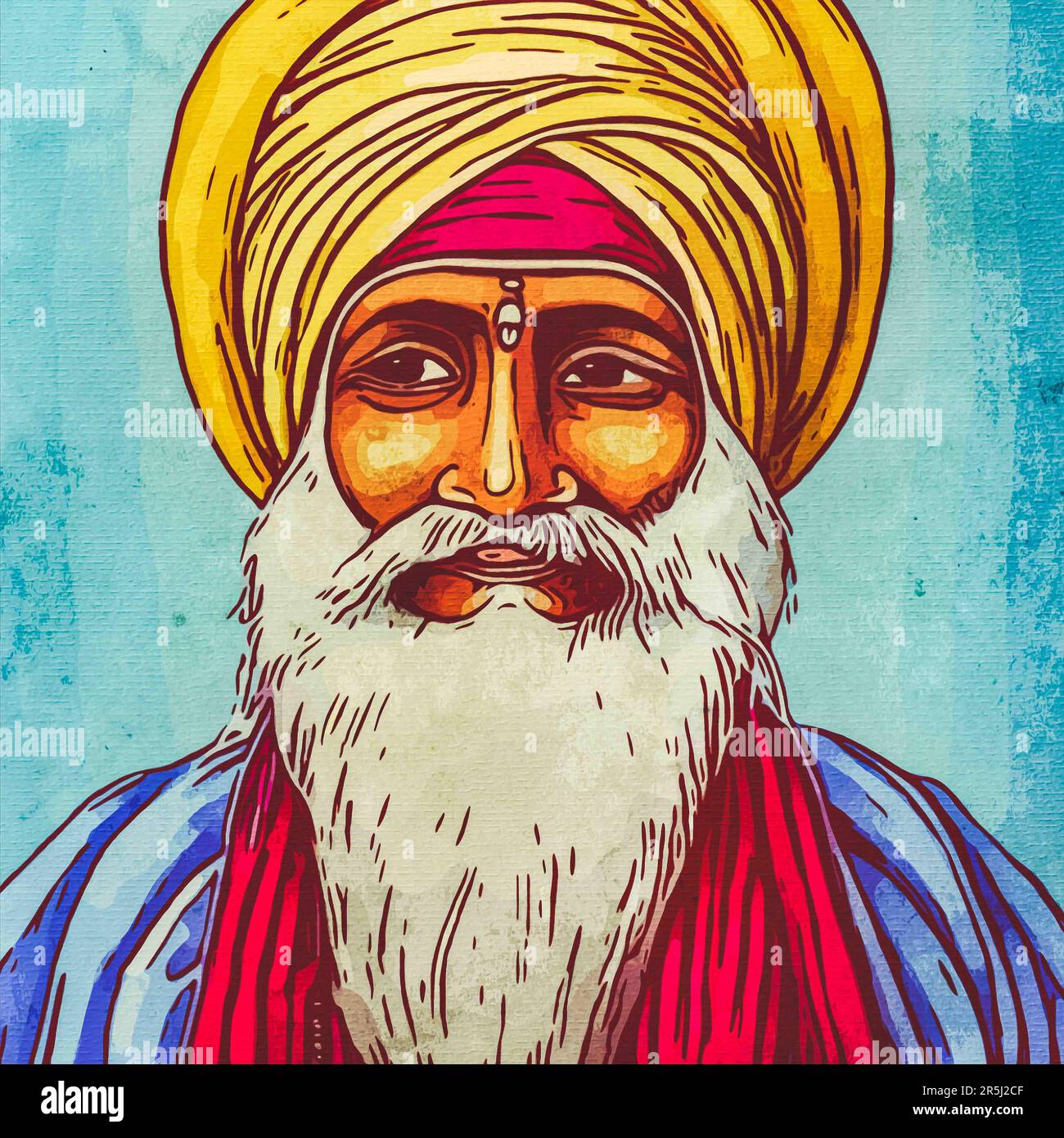 Watercolor painting on canvas. Guru Nanak, Indian religious reformer ...