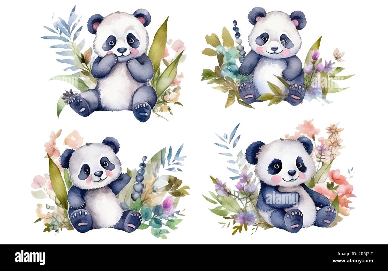 watercolor set illustration of fluffy panda among the bamboo leaves ...