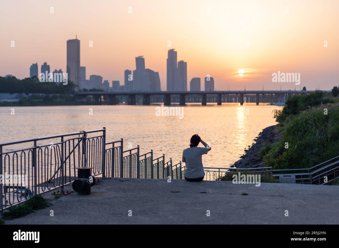Han river Hangang and cityscape of Seoul South Korea at sunset on 16 ...