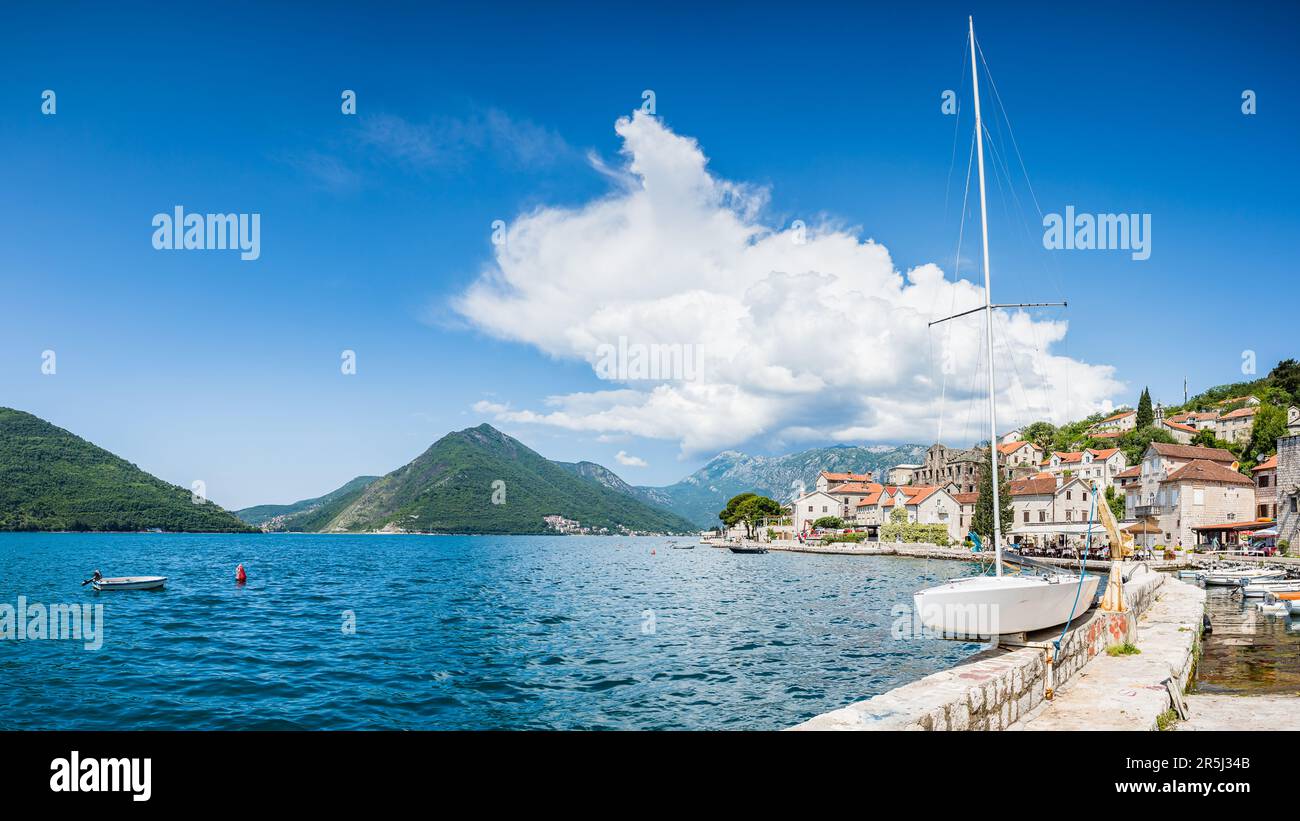 A multi image panorama of the pretty waterfront and promenade at Perast ...