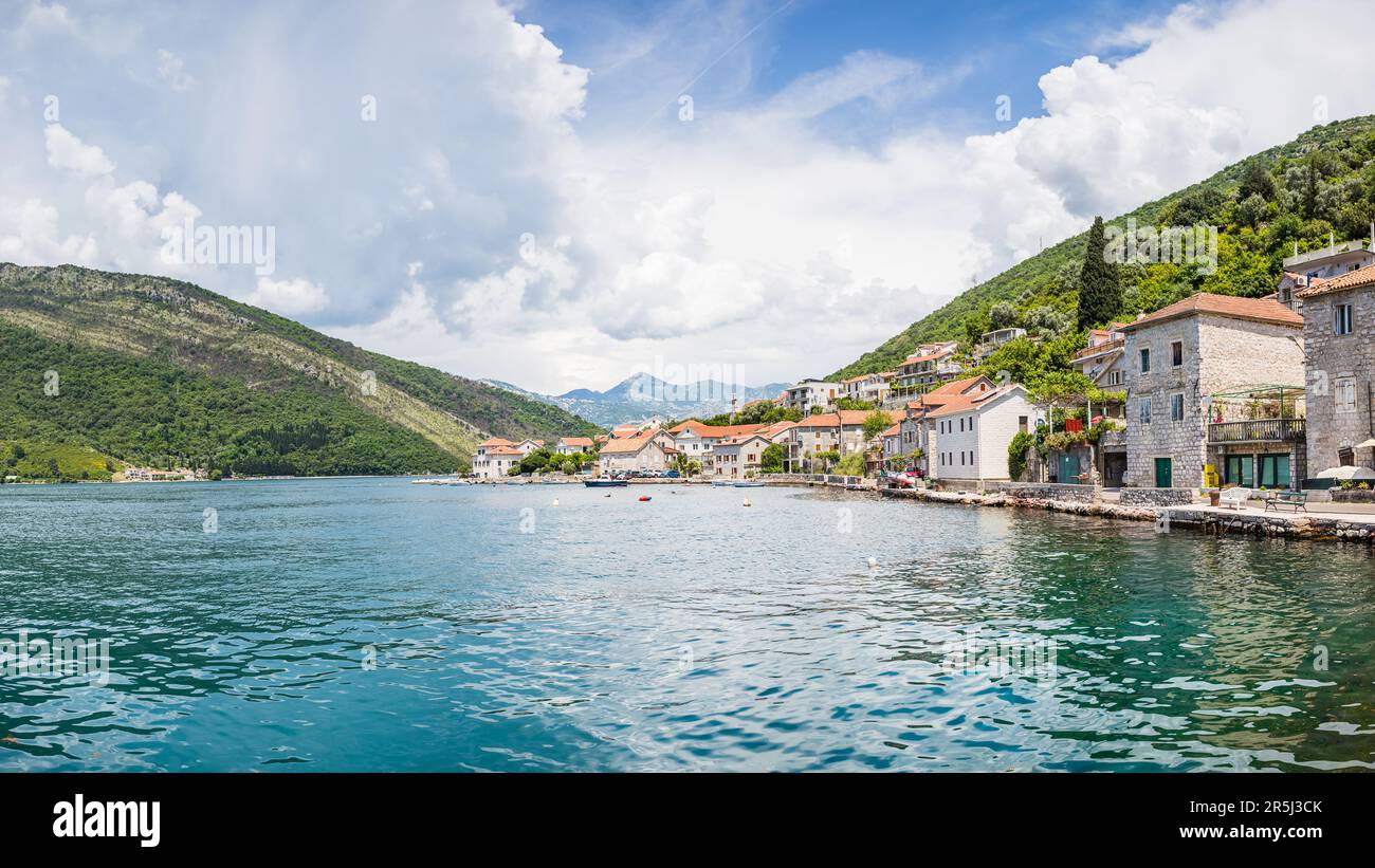 A multi image panorama of the colourful waterfront of Lepetani, home to ...