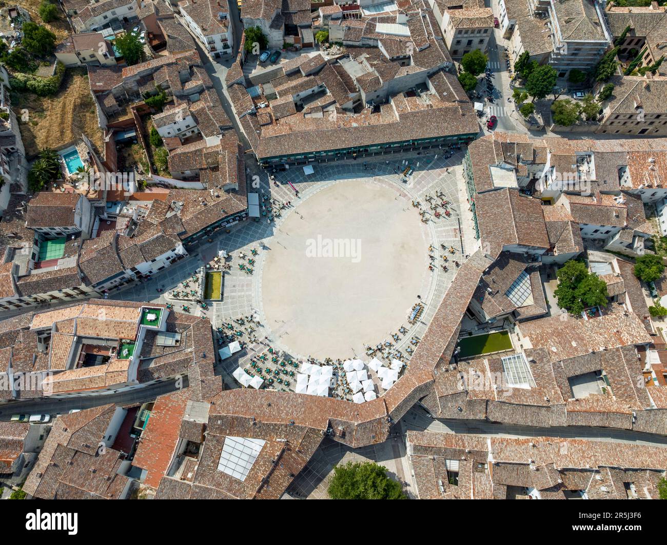 Aerial panorama of the main square of Chinchon, province of Madrid ...