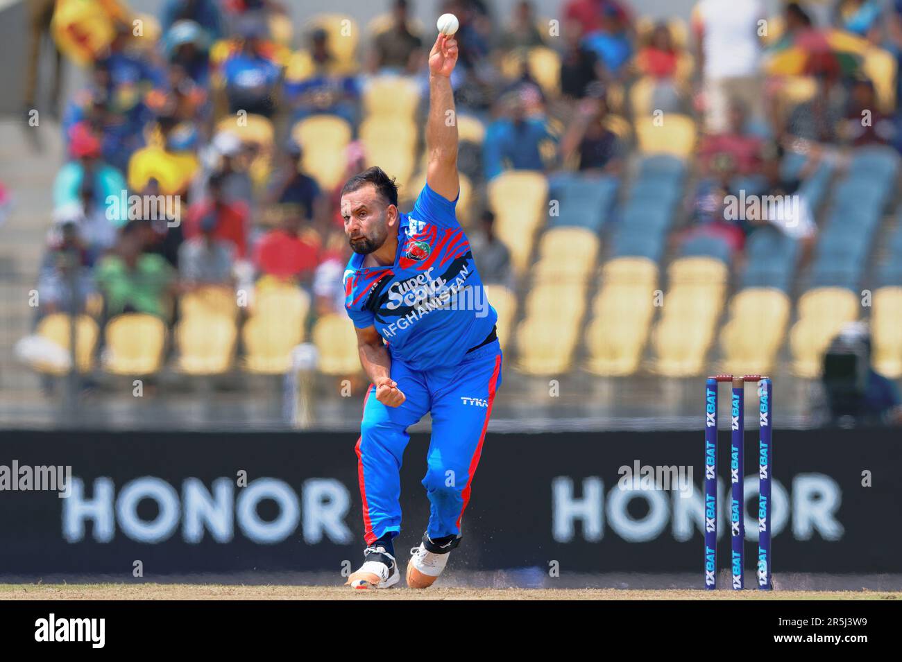 Hambantota, Sri Lanka. 04th June 2023. Afghanistan's Fareed Malik bowls during the 2nd ODI ...