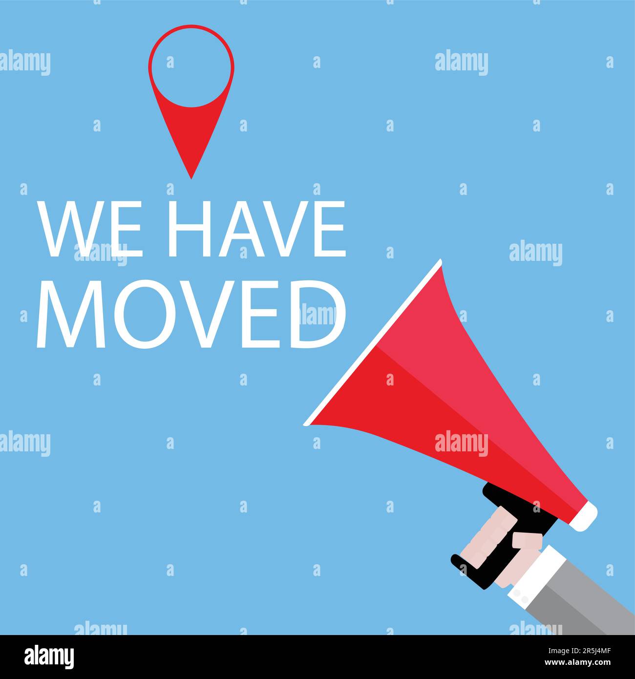 Banner to relocation, we have moved, hand with megaphone announce ...