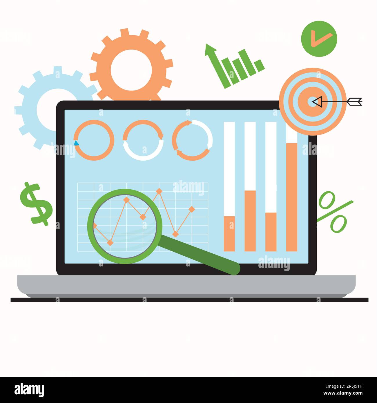 Work place of business analyst, chart and graphic on laptop. Vector ...