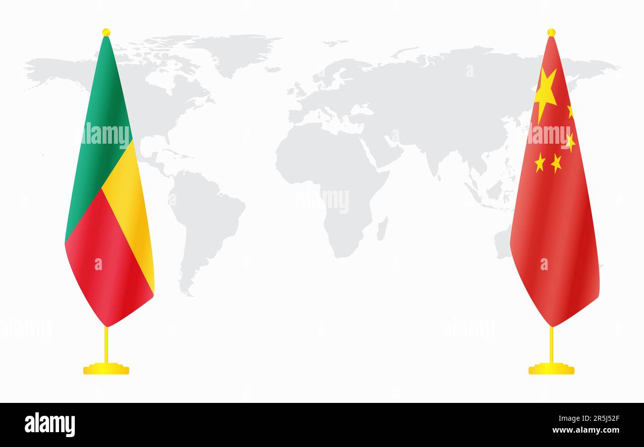 China and Benin flags for official meeting against background of world ...