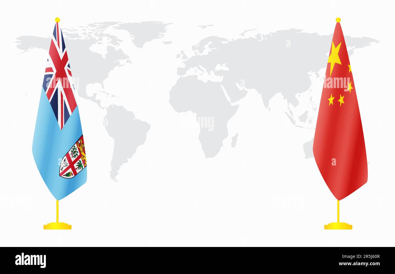 China and Fiji flags for official meeting against background of world ...