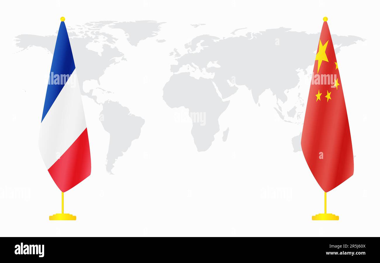 China and France flags for official meeting against background of world ...