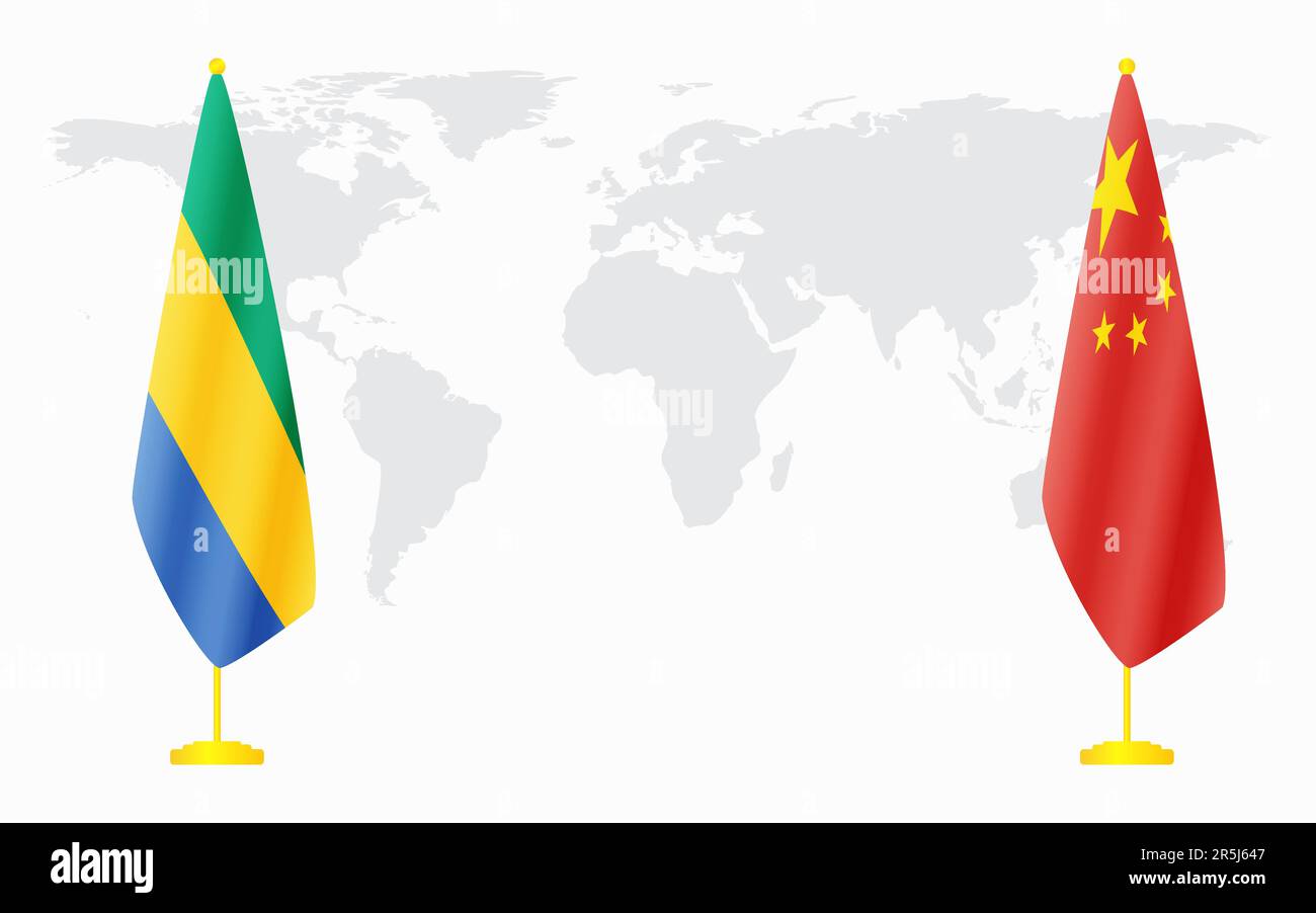 China and Gabon flags for official meeting against background of world ...