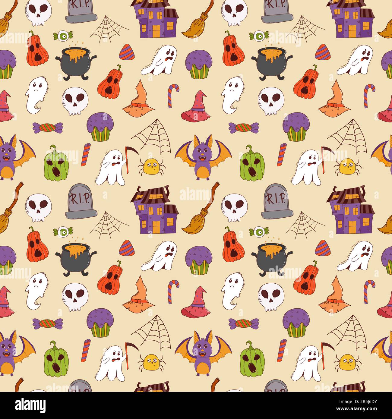 Funny halloween seamless pattern: pumpkin, ghost, witch hat, bat ...
