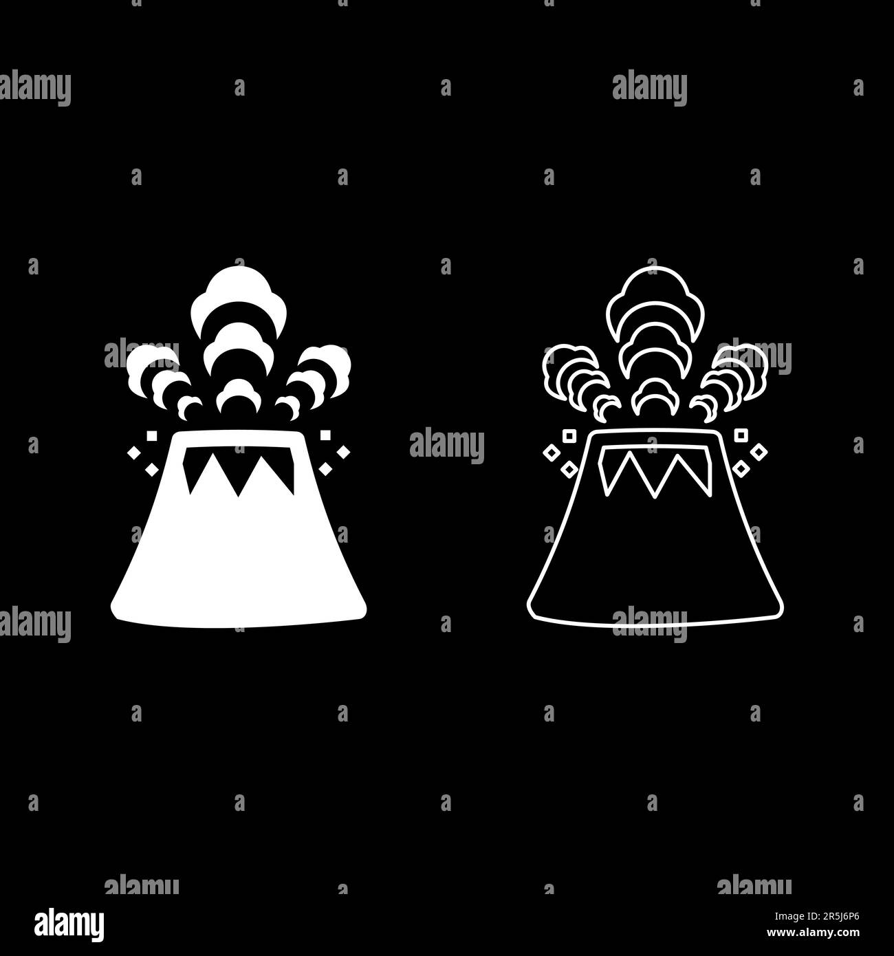 Volcano spewing lava and rocks set icon white color vector illustration ...