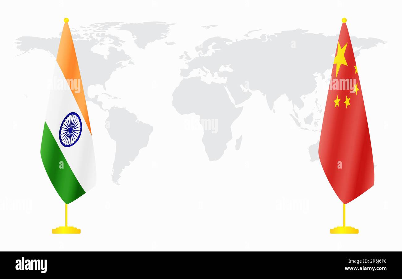 China and India flags for official meeting against background of world ...