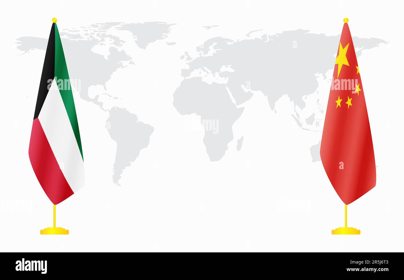 China and Kuwait flags for official meeting against background of world ...