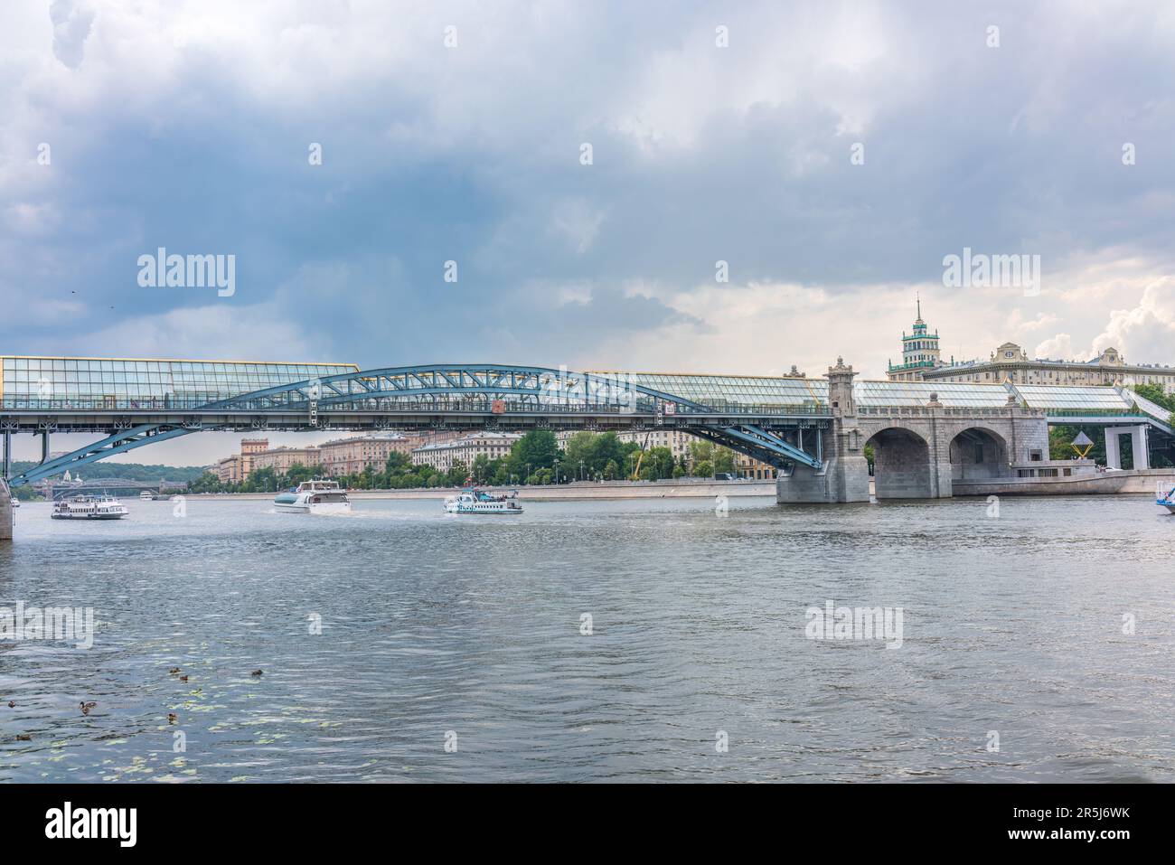 View of the Moscow river embakment, Pushkinsky bridge and cruise ships ...