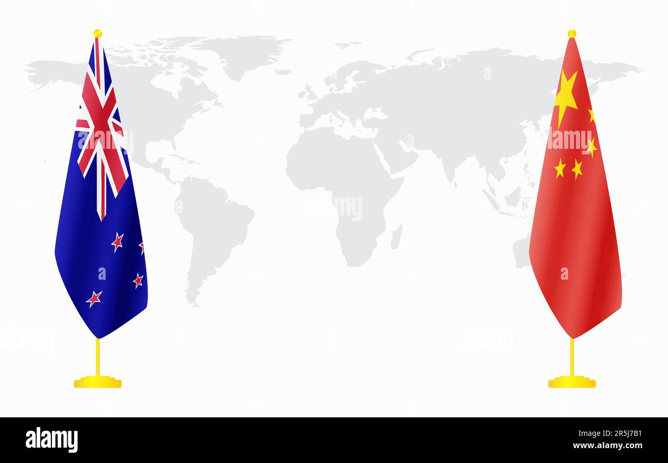 China and New Zealand flags for official meeting against background of ...