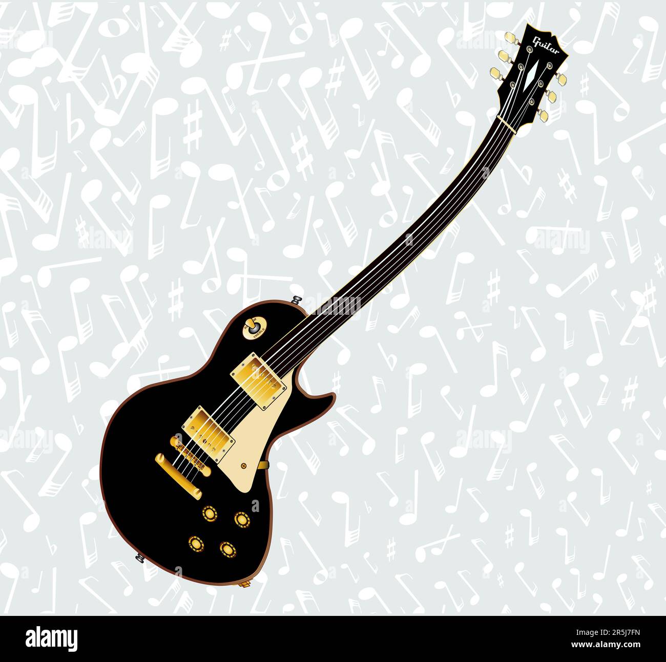 A typical rock guitar deformed in abstract with musical notes ...