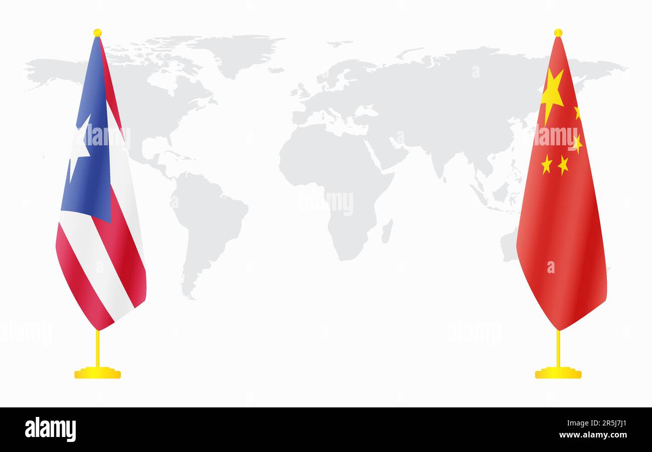 China and Puerto Rico flags for official meeting against background of ...