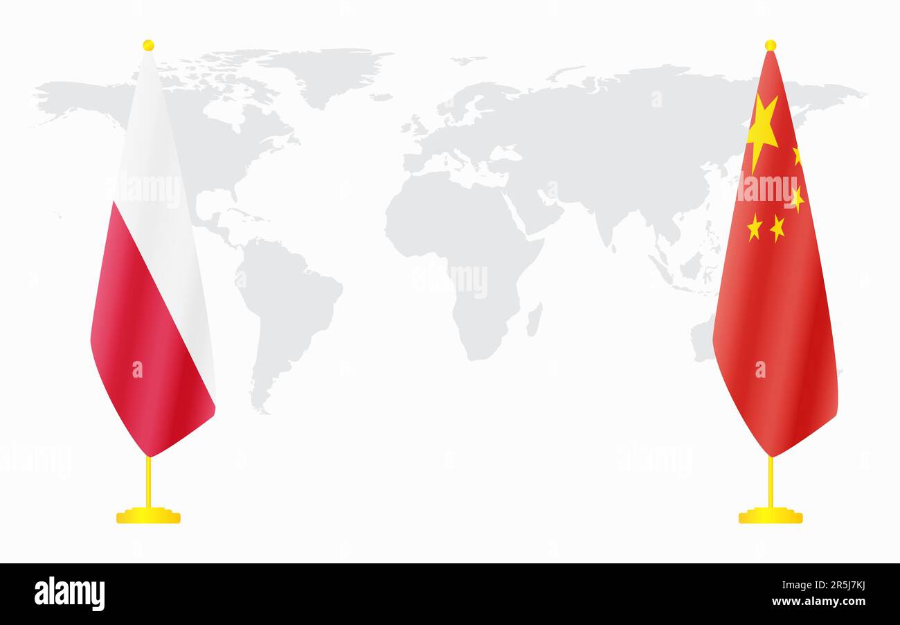 China and Poland flags for official meeting against background of world ...