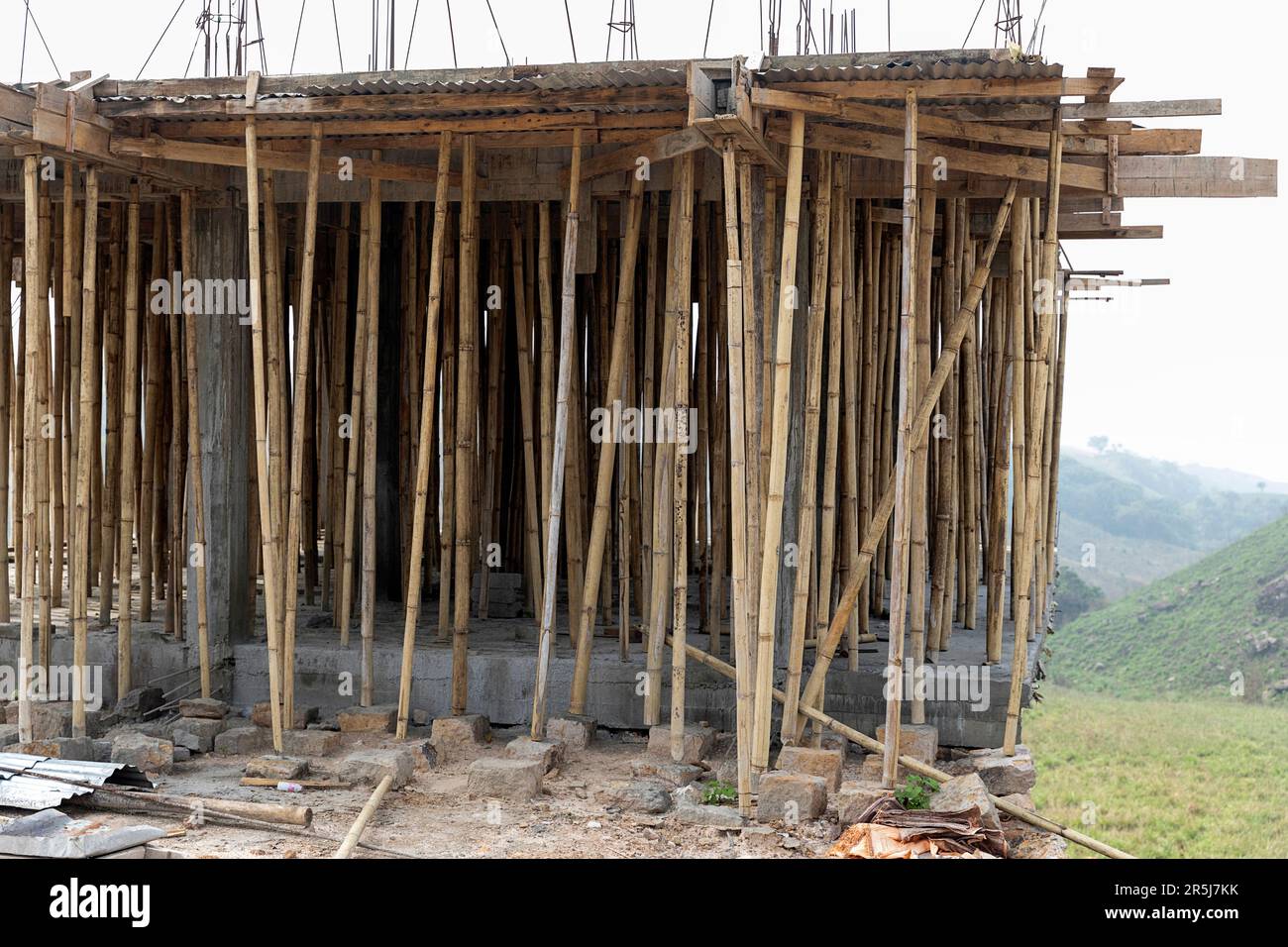 Building construction using bamboo scaffolding supports, Cherrapunjee ...