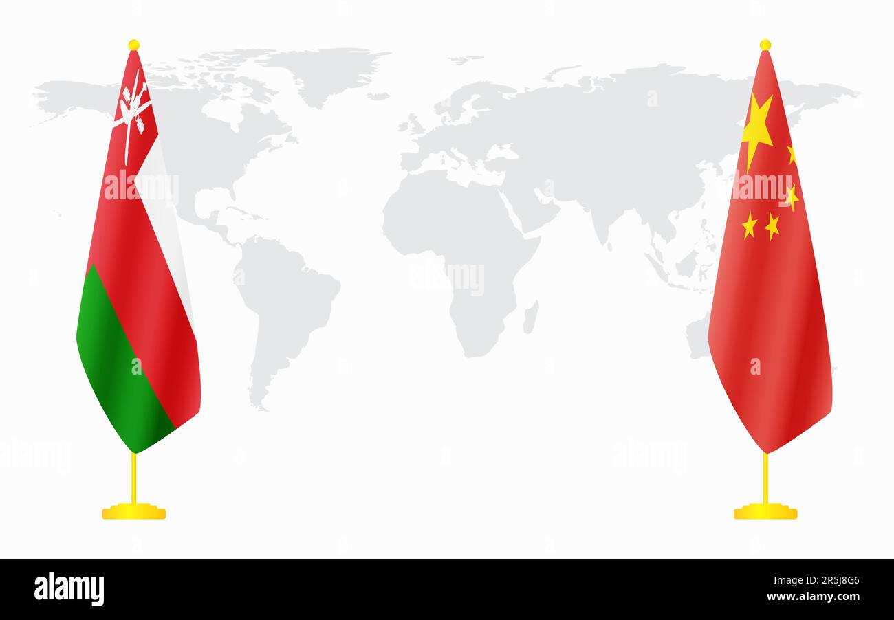 China and Oman flags for official meeting against background of world ...
